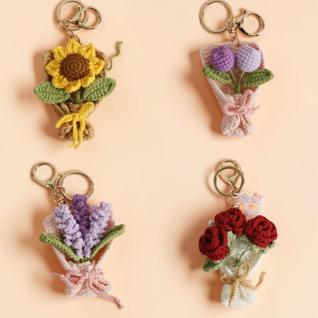 Crochet Mini Flower Bouquet Keychain Handmade Knitted Floral Key Ring ...