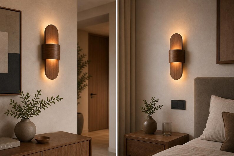 Aplique De Pared De Madera Con Luz Indirecta Cálida Y Diseño Vertical ...