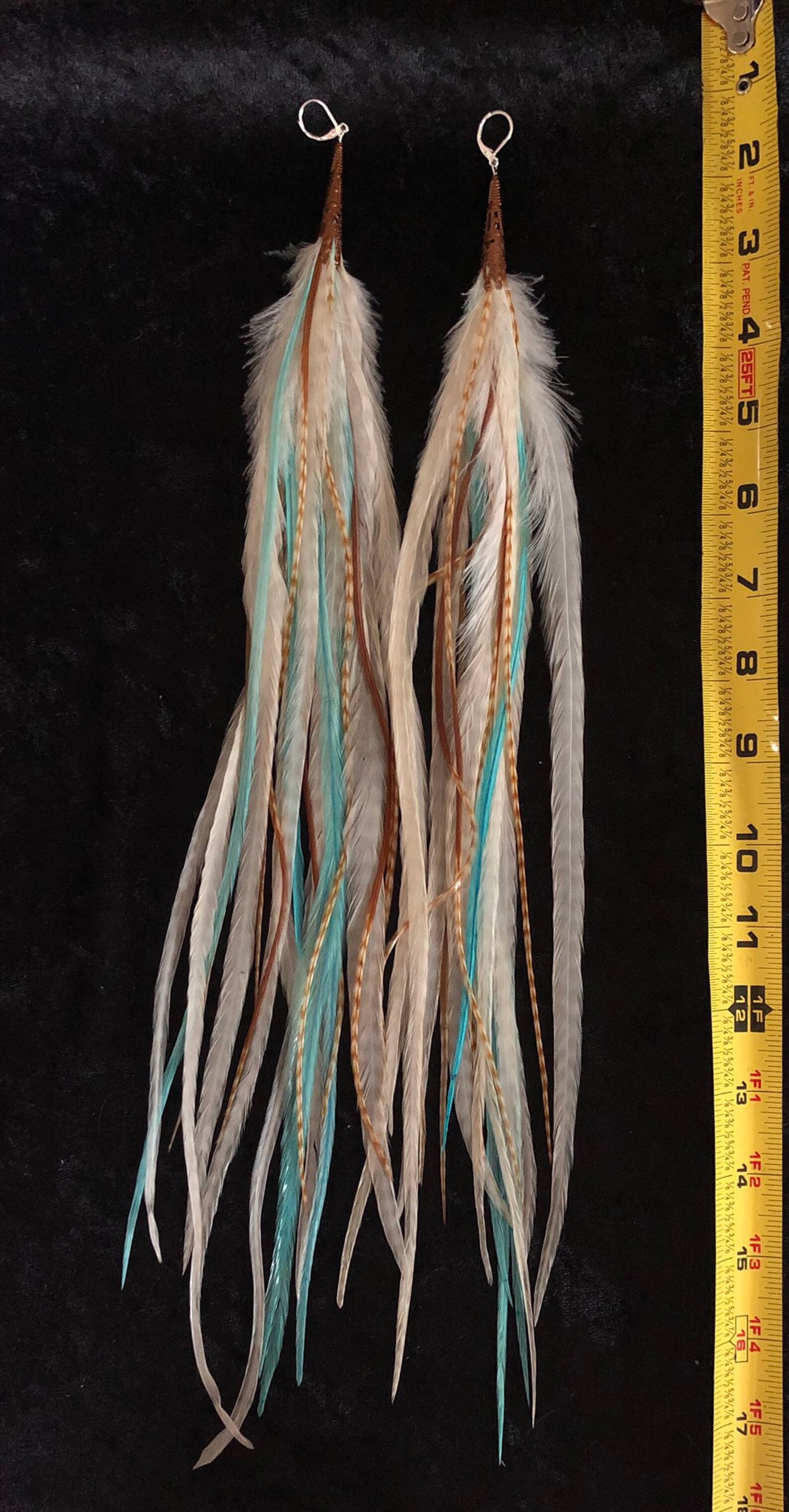 17" Extra Long Length! Light Natural With Turquoise Feather Earrings - Etsy