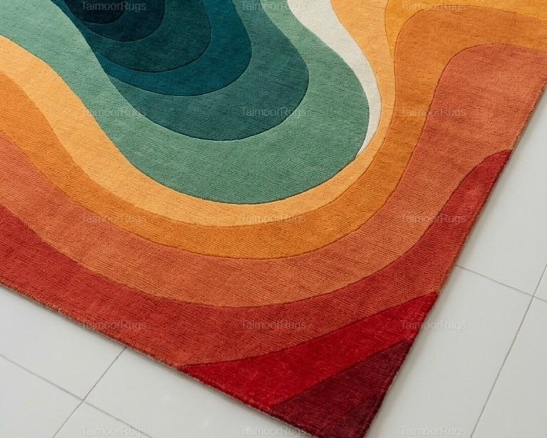 Hand Tufted Wool Area Rug, Abstract Color Wave Rug, Modern Contemporary ...