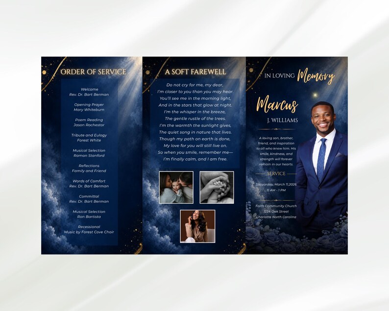 Blue Roses Trifold Funeral Program Template: 6-page Memorial (canva ...