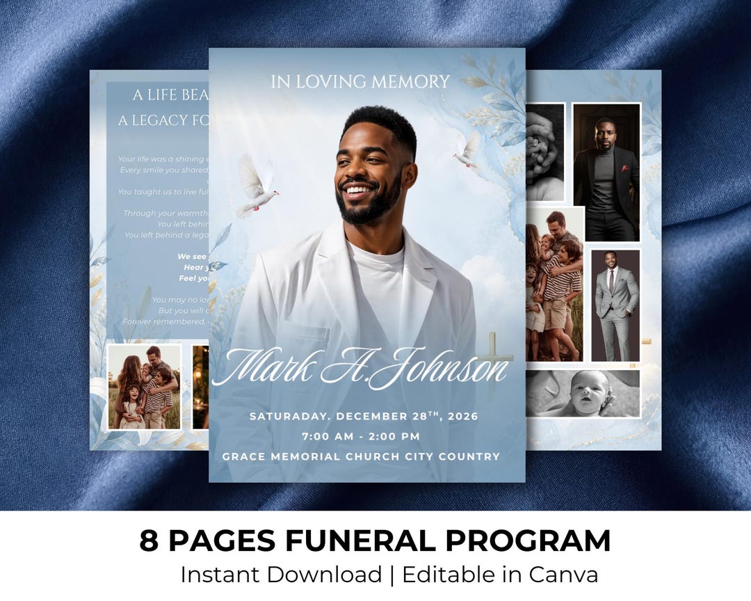 Blue Roses Funeral Program Template: 8-page Memorial (canva, Digital ...