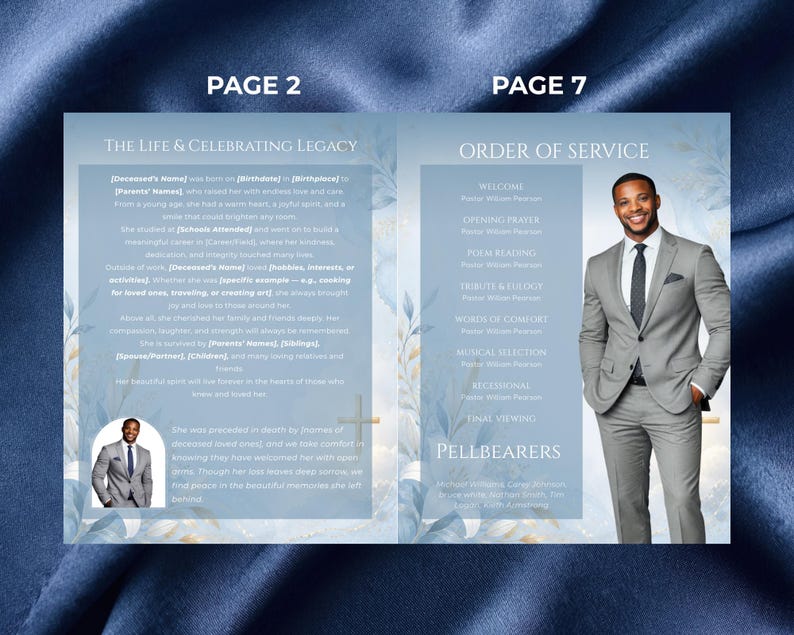 Blue Roses Funeral Program Template: 8-page Memorial (canva, Digital ...