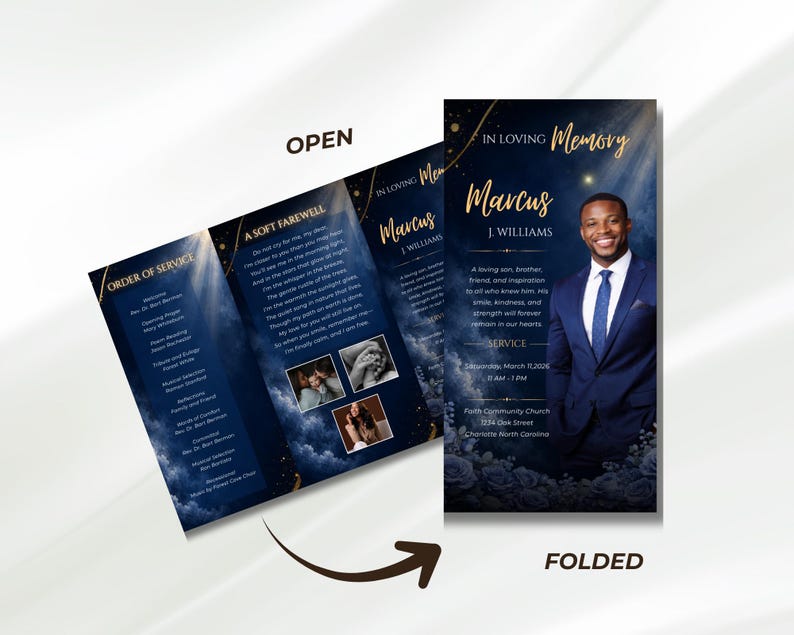 Blue Roses Trifold Funeral Program Template: 6-page Memorial (canva ...