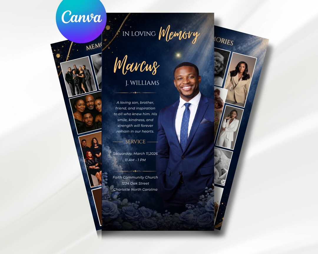 Blue Roses Trifold Funeral Program Template: 6-page Memorial (canva ...