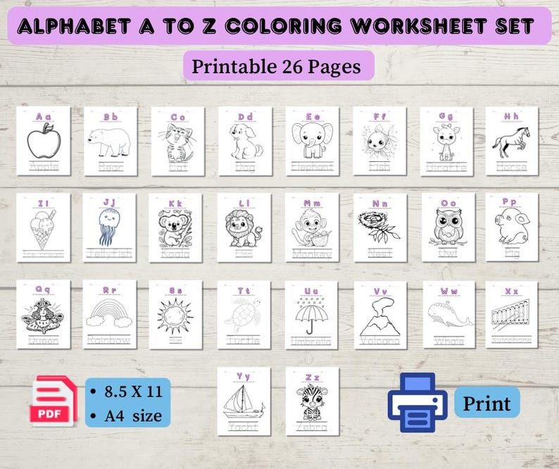 A to Z Alphabet Coloring Writing Reading Pages, Preschool Printable ...
