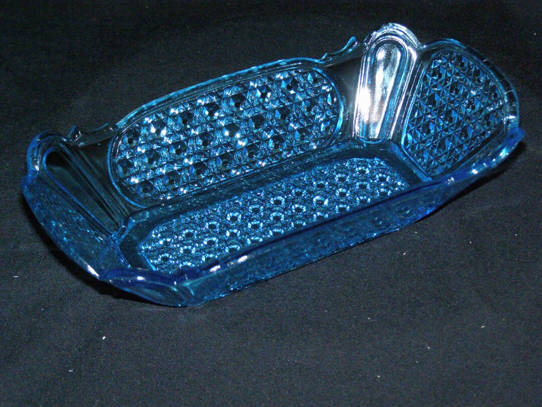 Vintage Blue Pressed Glass Rectangle Candy Dish in Similar to Buttons ...