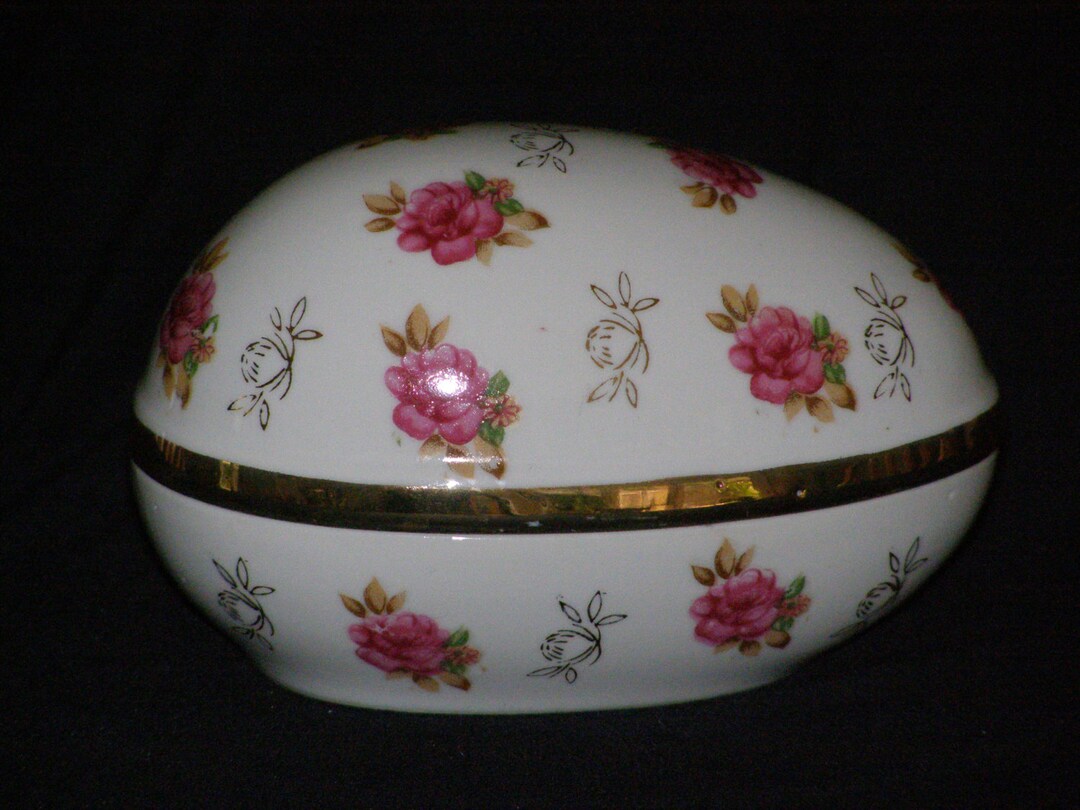 Vintage Trinket Box-chadwick- Japan-porcelain-egg Shaped-roses-24k Gold ...