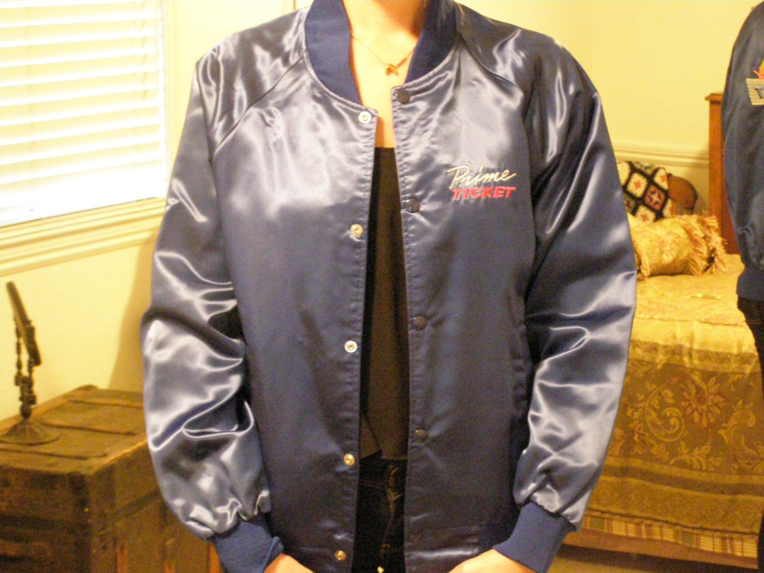 70s Prime Ticket Sports Satin Jacket Embroidered Front & Back Snap Knit ...