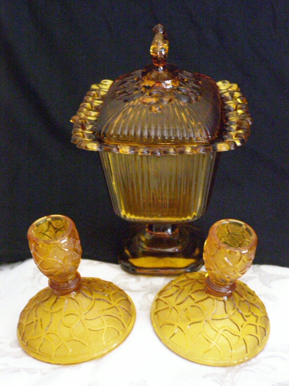 Vintage Indiana Glass Amber Lace Edge Covered Candy Dish and Imperial ...