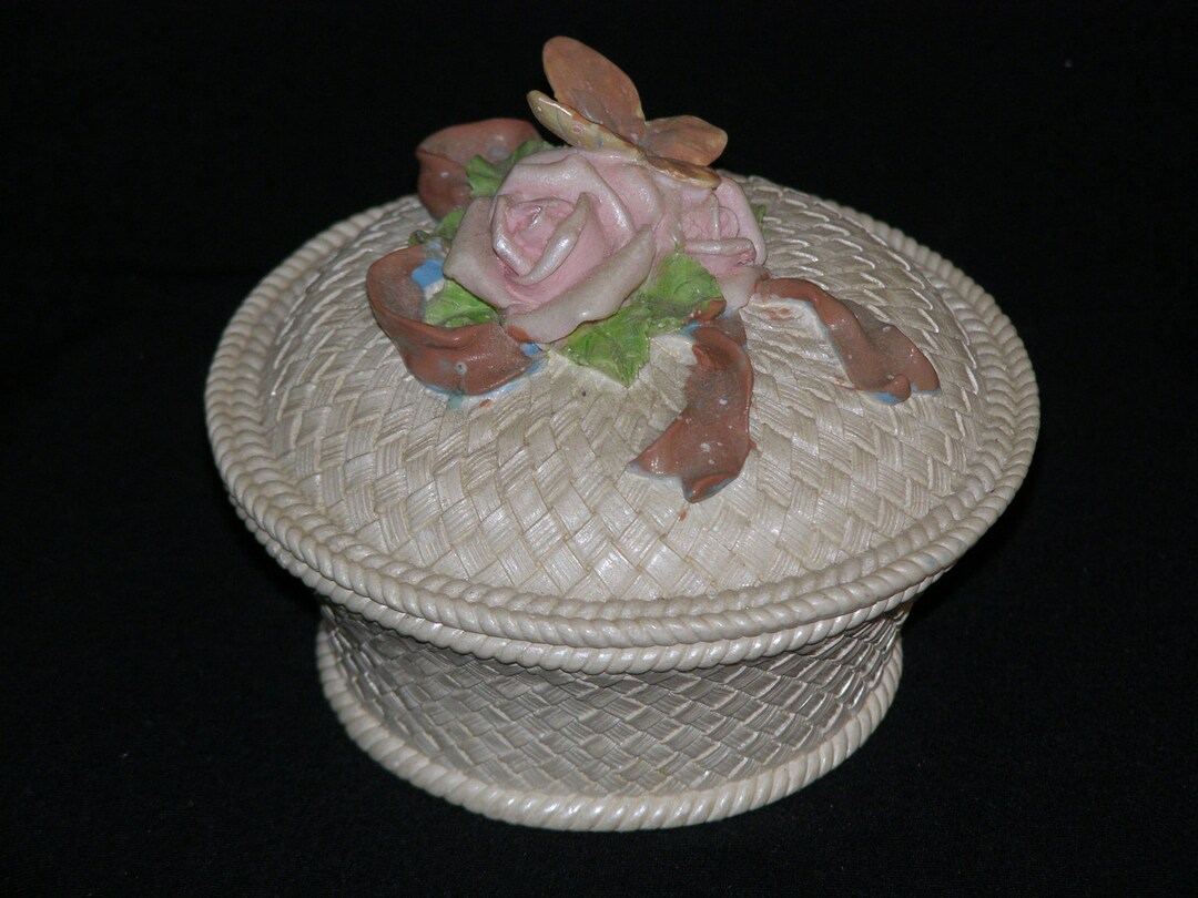 Vintage Petite Keepsake Dish With Lid Flowers and Basket Weave Design ...