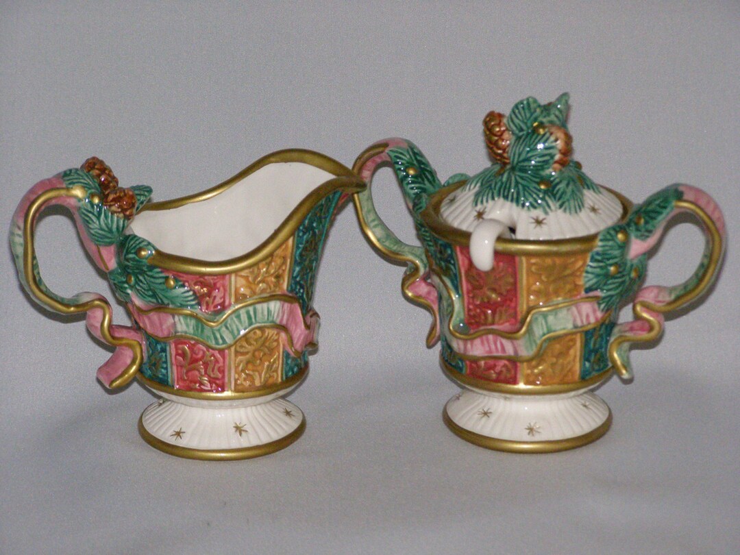 Vintage Fitz and Floyd Creamer Sugar Bowl, Lid and Spoon in the Damask ...