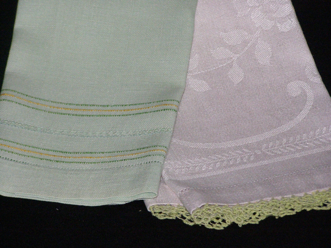 Vintage Linen Guest Towels 2 in Lot Green Linen With Open Work and ...