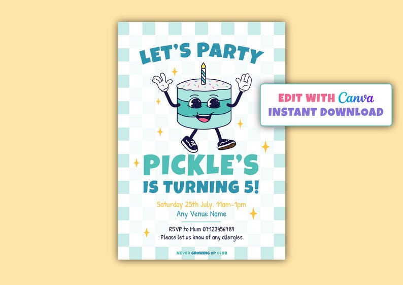 Birthday Cake Mascot Birthday Invitation | Teal Mint | Canva Template ...