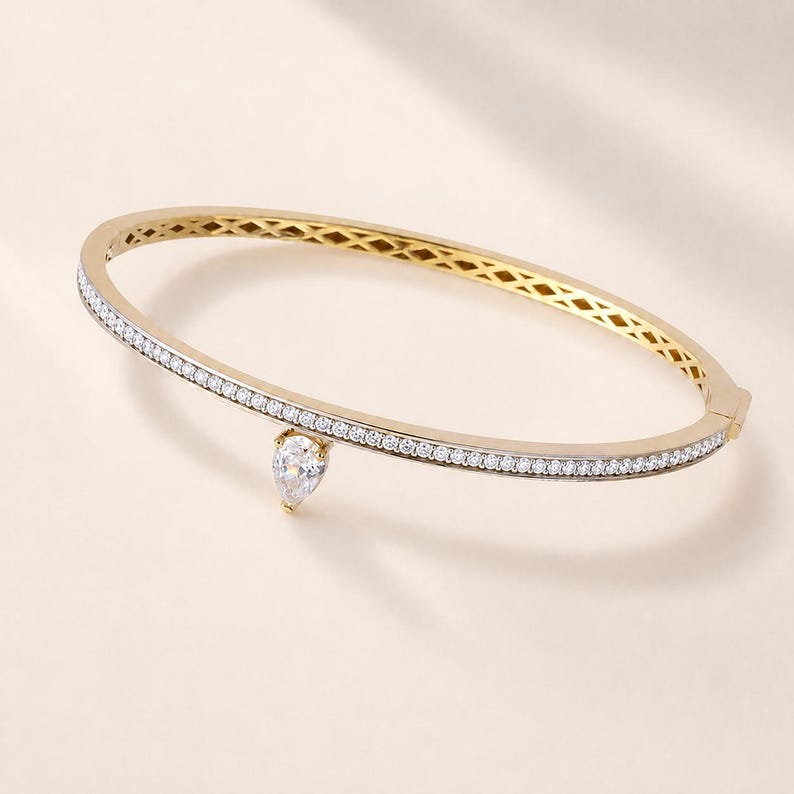 14K Gold Pear Cut & Emerald Cut Zircon Bangle Bracelet, Pave Gold ...
