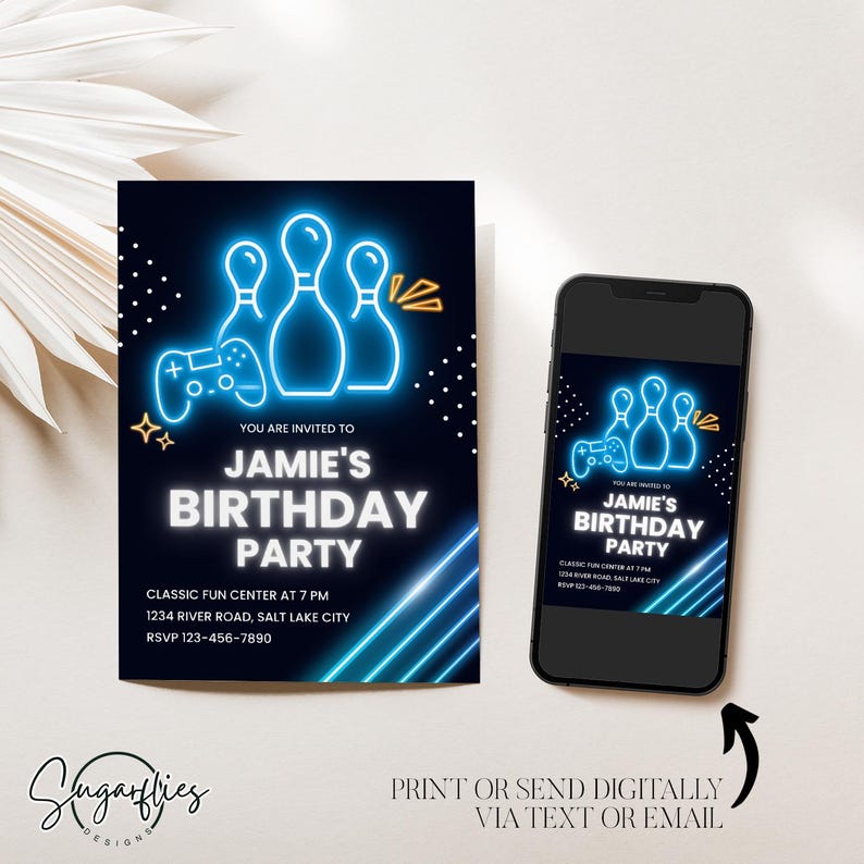 Bowling and Arcades Birthday Invitation, Bowling Invite, Bowling Party ...