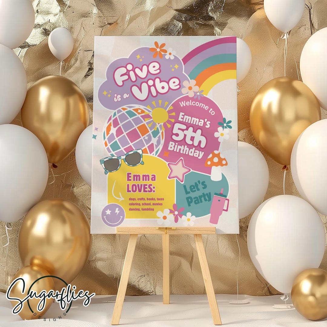 Five is a Vibe Welcome Sign, Checkered Smiley Face Sign, Retro, Groovy ...