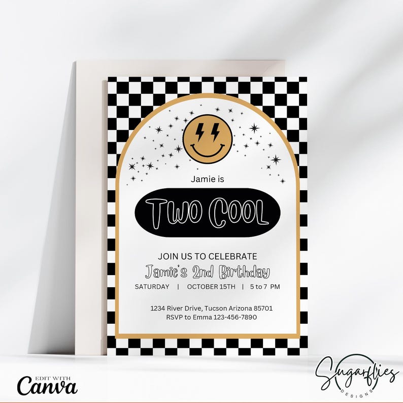 Smiley Face Birthday Invitation Card, Two Cool Birthday Party, Groovy ...