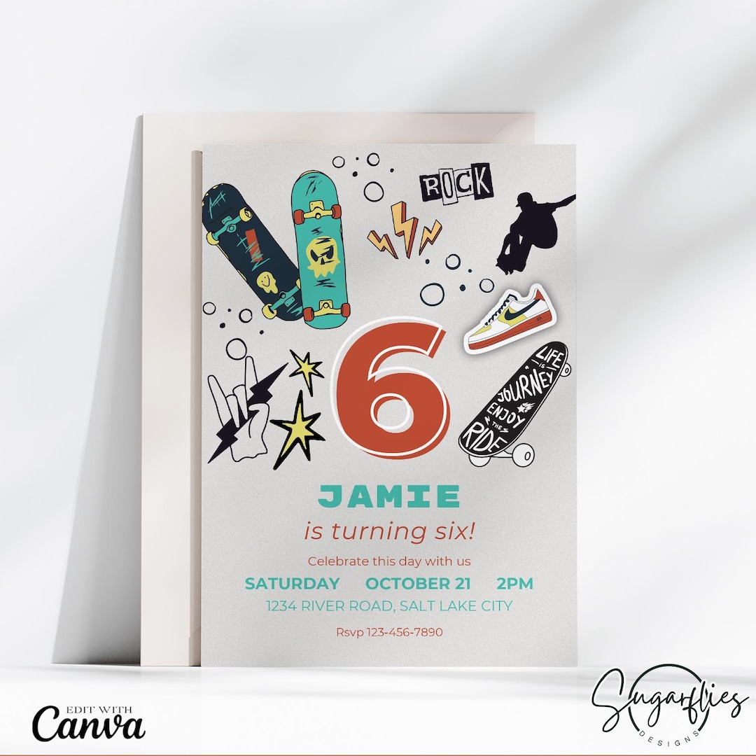 Skateboard Birthday Invitation Card, Skateboard Party Invite, Skate ...