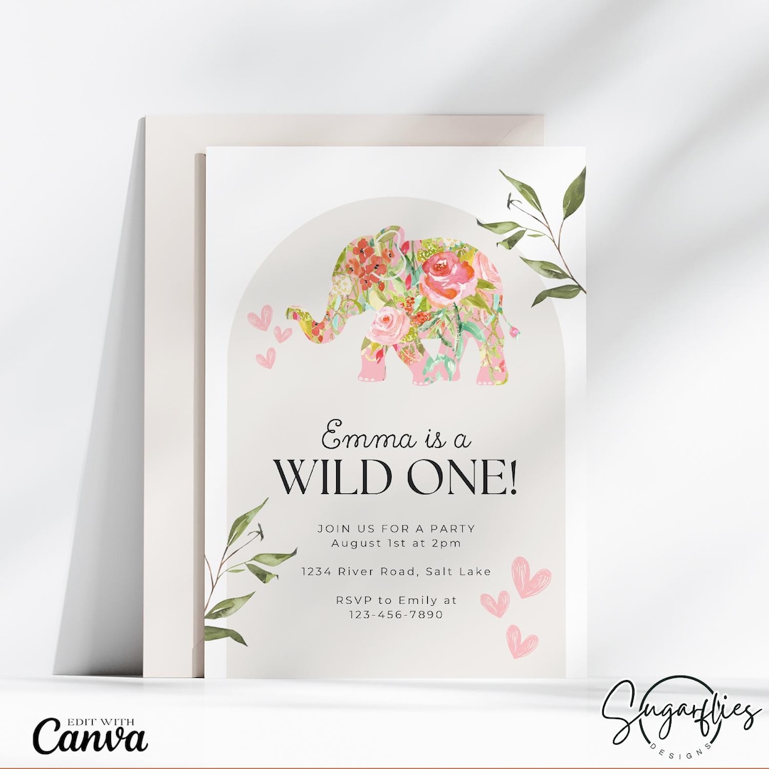 Elephant Birthday Invitation Card, Elephant Party Invite Template, Wild ...