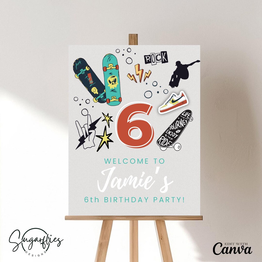 Skateboard Birthday Welcome Sign, Skateboard Party, Birthday Sign, Nike ...