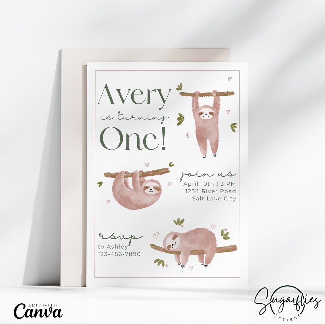 Sloth Birthday Invitation, Sloth Invite, Sloth Party, Kids Birthday ...