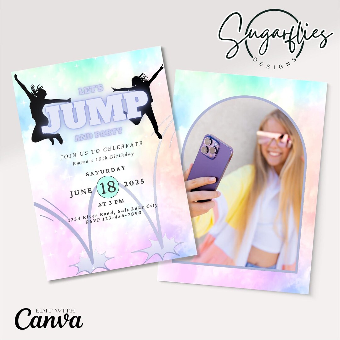 Editable Neon Jump Birthday Invitation Cards, Jump Party Invite, Jump ...
