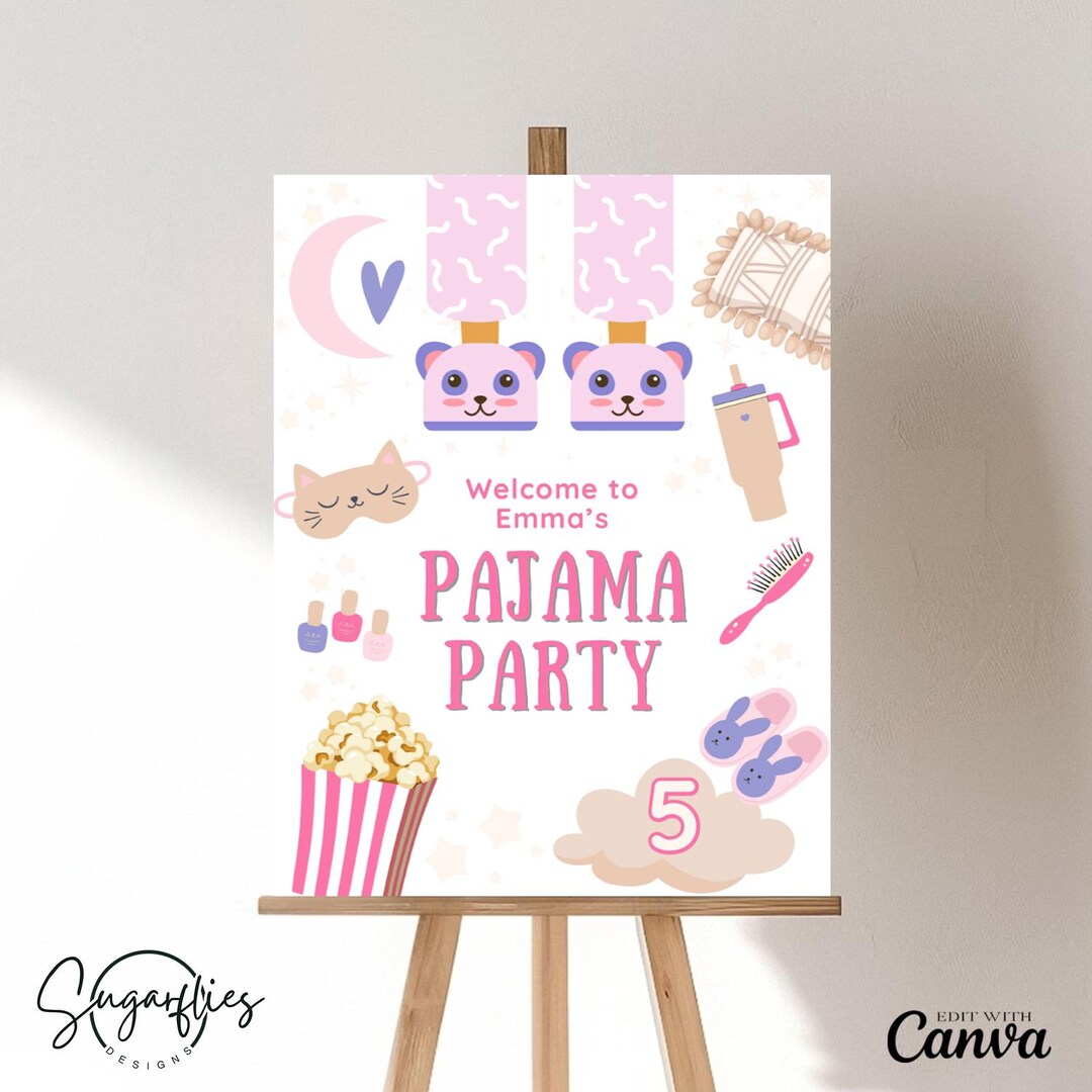 Pajama Party Birthday Welcome Sign, Pajamas and Pizza, Pajama Party ...