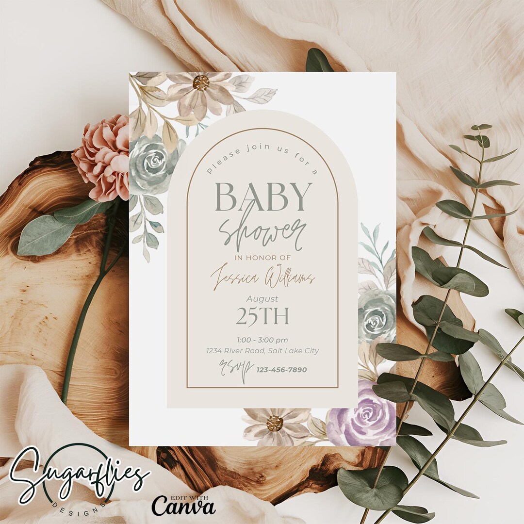 Floral Baby Shower Invitation, Boho Baby Invite, Baby Shower Template ...