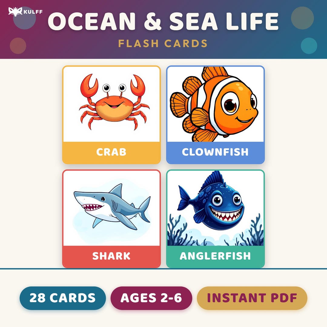 Montessori Ocean Animals Flash Cards | 28 Sea Creatures, Habitats ...