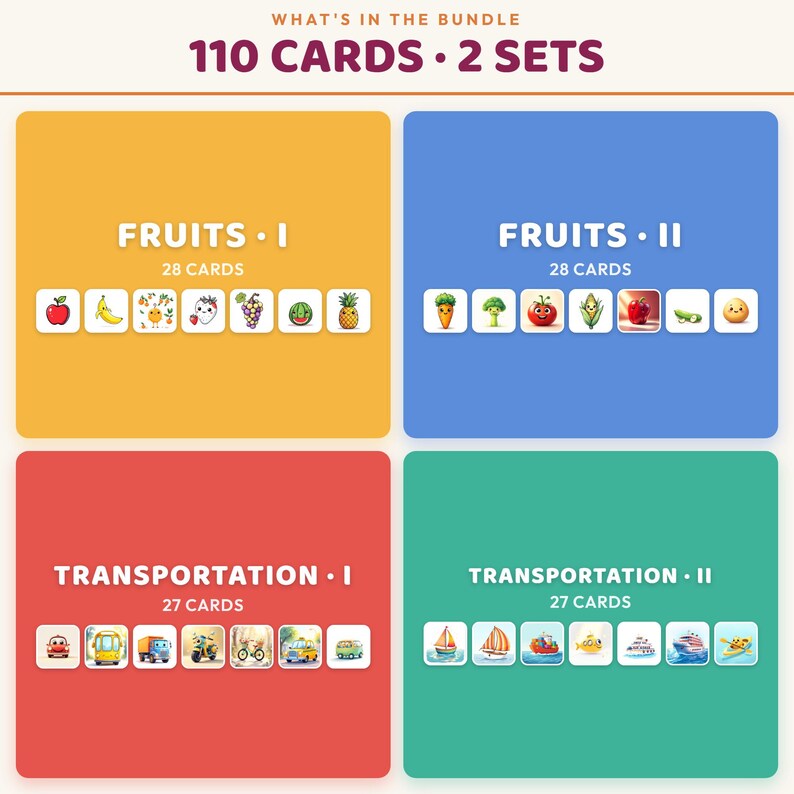 Montessori Flash Cards: Fruits, Vegetables, Transportation (110 Cards ...
