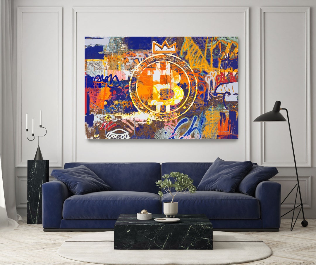 Bitcoin Blue Orange Graffiti Abstract Canvas, Cryptocurrency Bitcoin ...