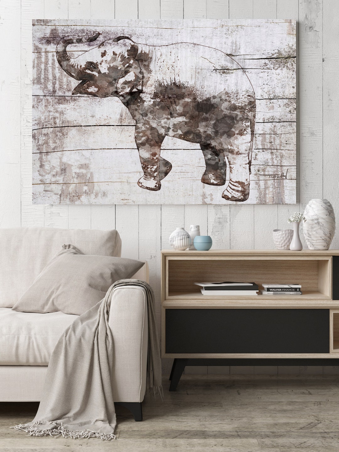 Rustic Elephant. Large Farmhouse Elephant Canvas Art Print, Brown ...