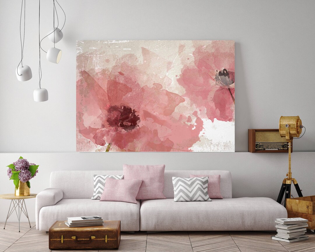Pink Flowers, Floral Painting, Pink White Floral Art, Large Rustic Pink ...