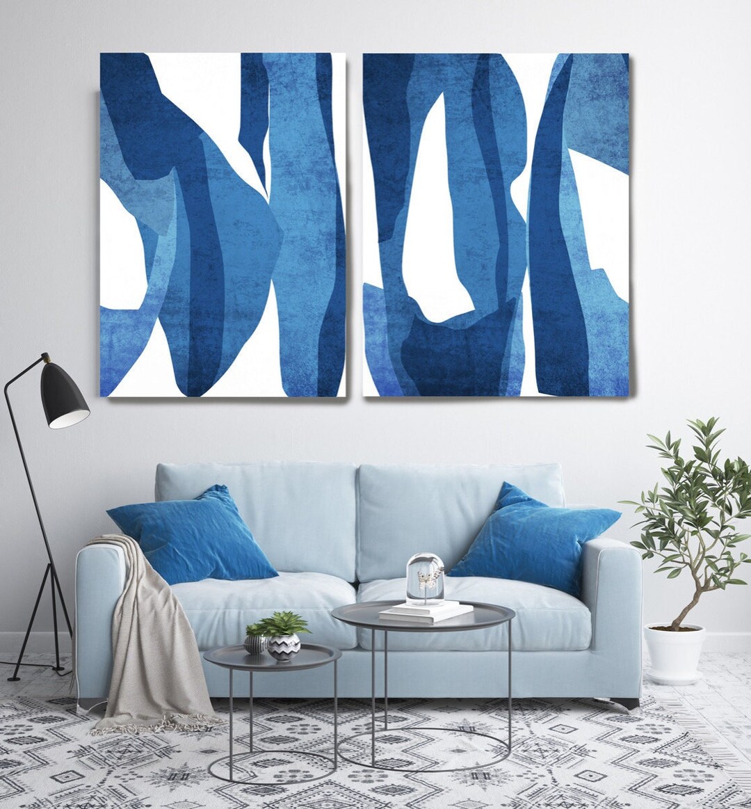 Blue Shapes Canvas Art Print, Diptych, Shape Abstract Modern Art, Mid ...