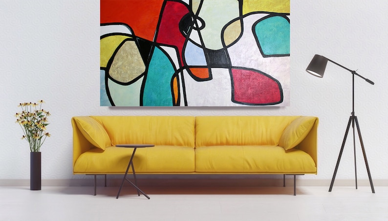 Levendige abstracte kunst, kleurrijke abstracte schilderkunst, midcentury moderne kunst ...