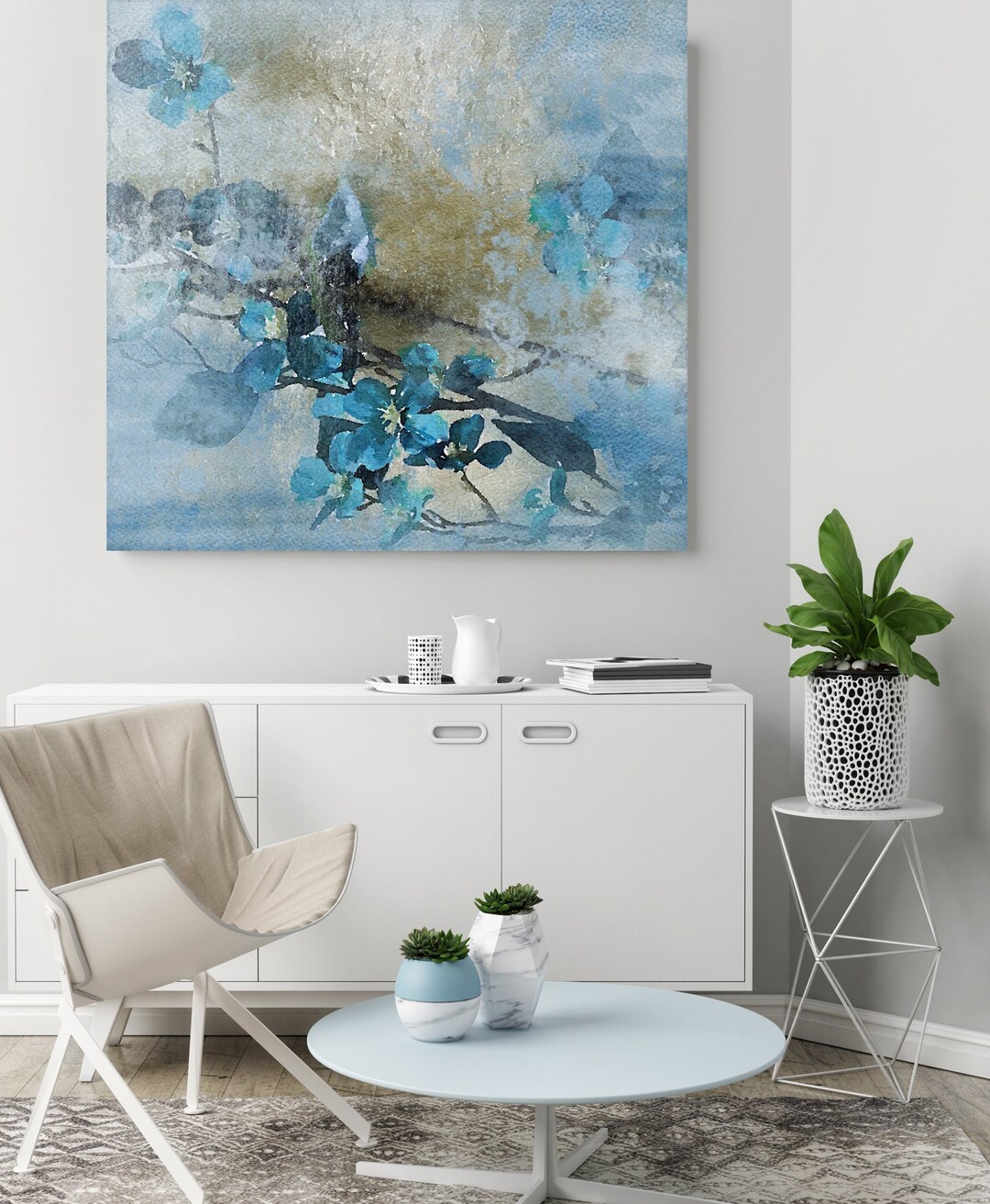 Blue Bunch. Blue Gold Rustic Floral Painting Rustic Large - Etsy