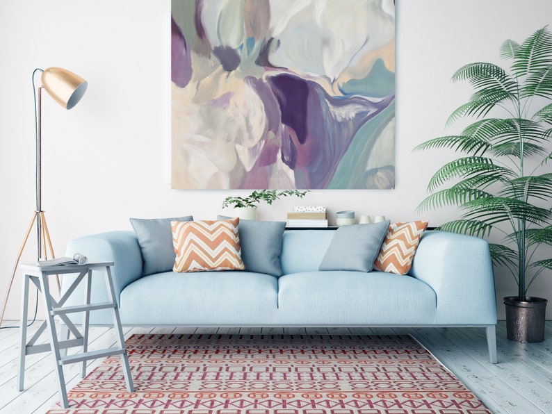 Mixed Feelings, Huge Turquoise Purple Beige Gray Abstract Modern Canvas ...