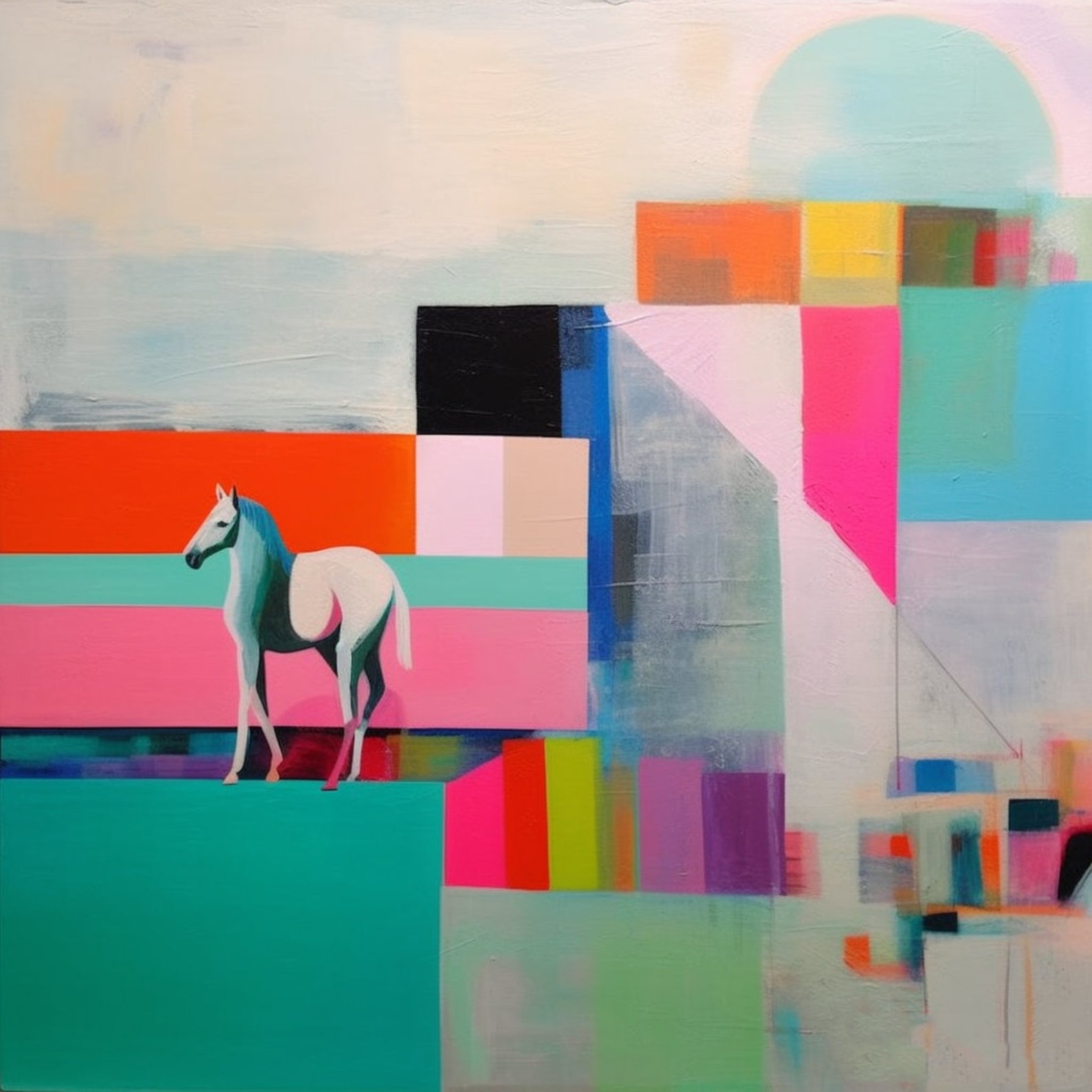 Color Block Horse Art, Horse Painting, Midcentury Horse Painting Canvas ...