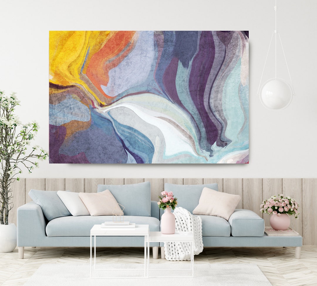 Zeitgenössische Kunst Abstrakte Malerei Druck Leinwand Blau Gelb Abstrakte Kunst, extra großer ...