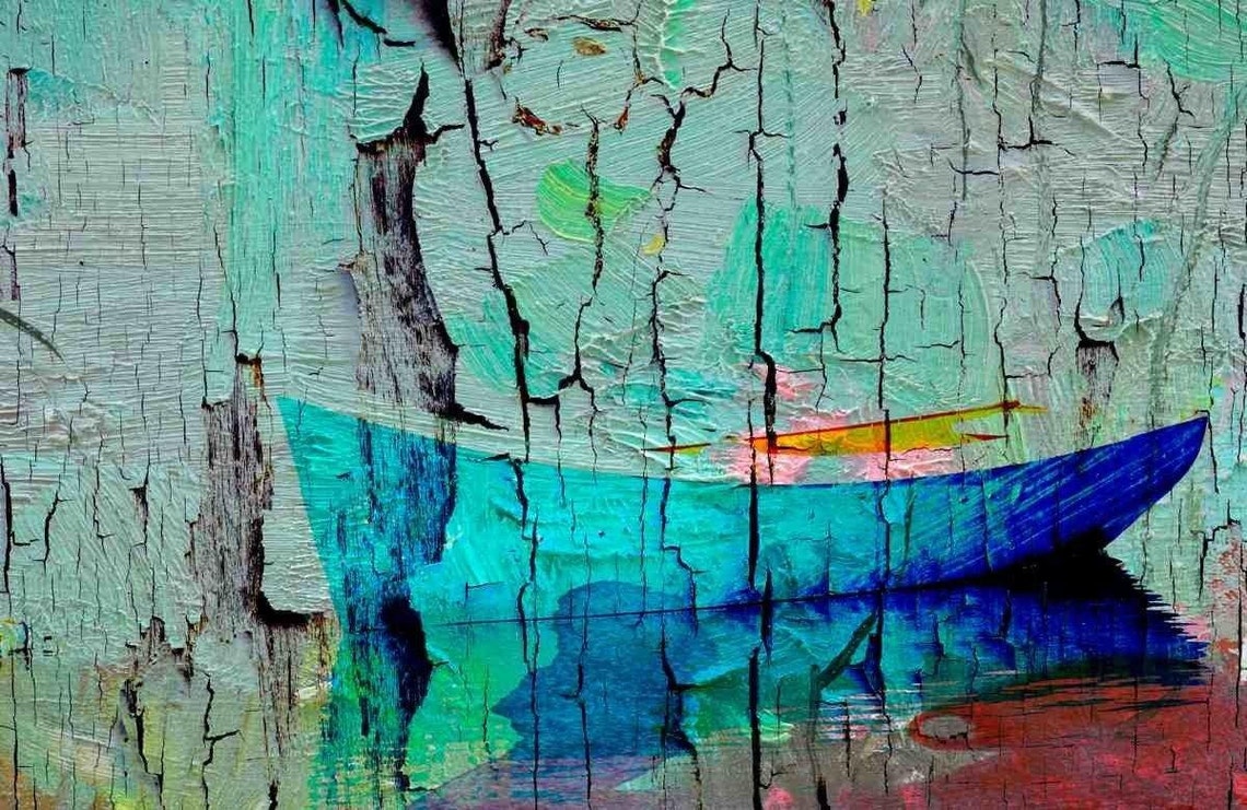 Blue Rustic Boat. Blue Red Rustic Coastal Canvas Art Print. | Etsy