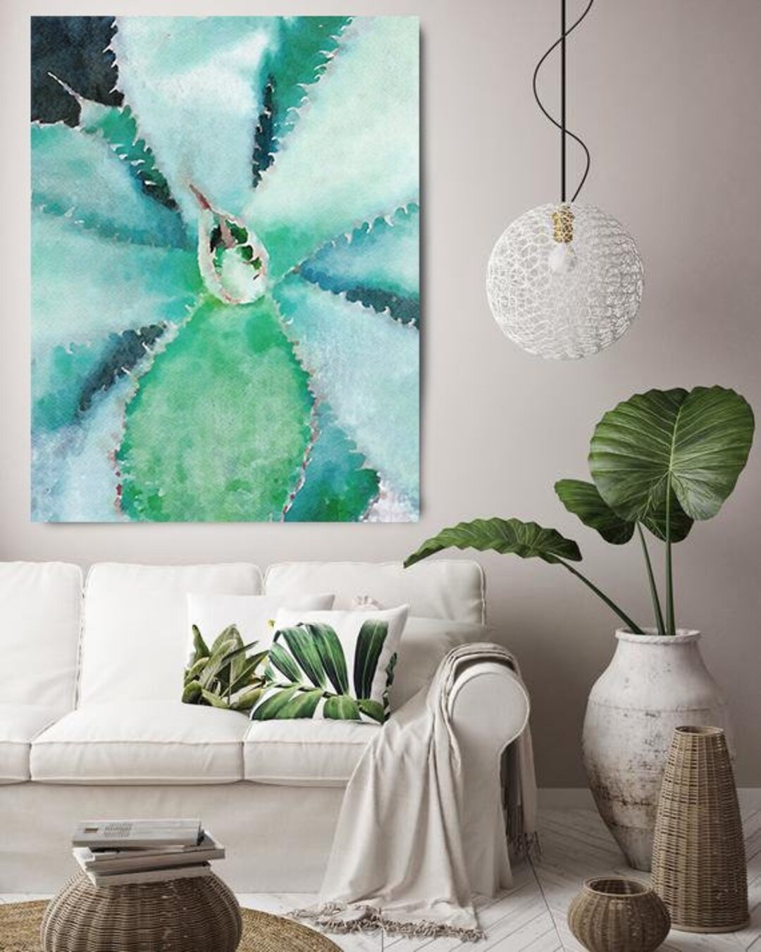 Blue Glow Agave 3, Succulent Wall Decor, Watercolor, Succulent Painting ...