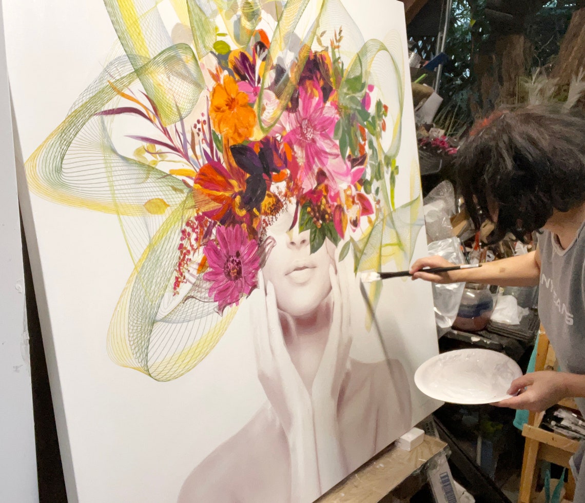 Vibrant Floral Portrait, Flower Head Woman Canvas Print, Surreal ...