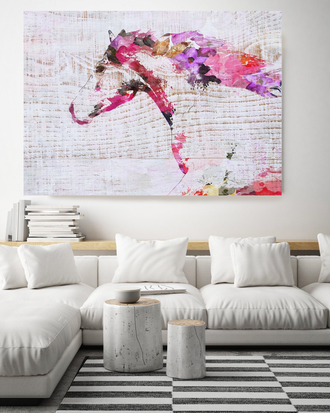 Running BOHO Horse. Floral Horse Art Large Canvas, BOHEMIAN PAINTING ...