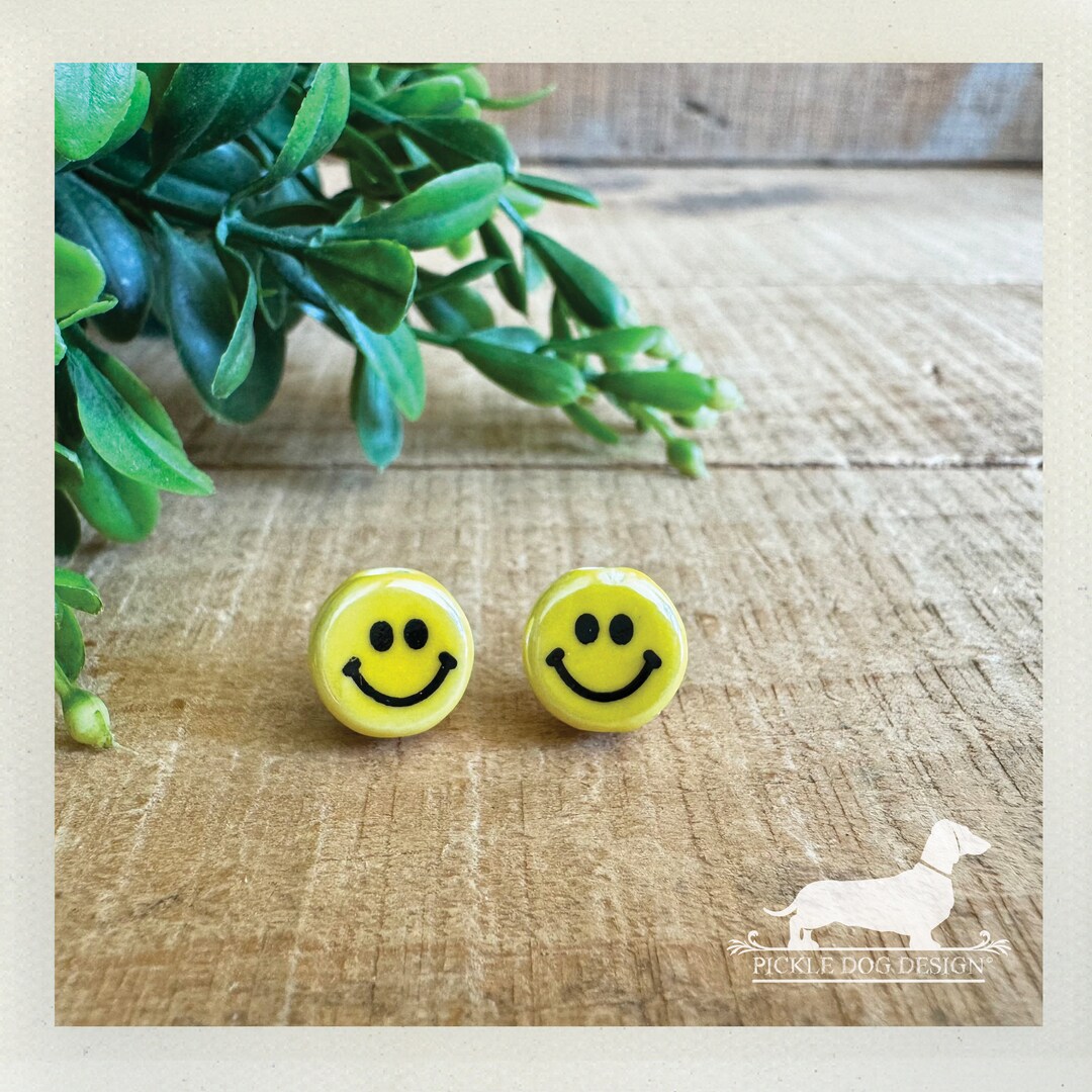 Yellow Smiley Face Post Earrings: Ceramic Studs, Nickel Free Posts - Etsy