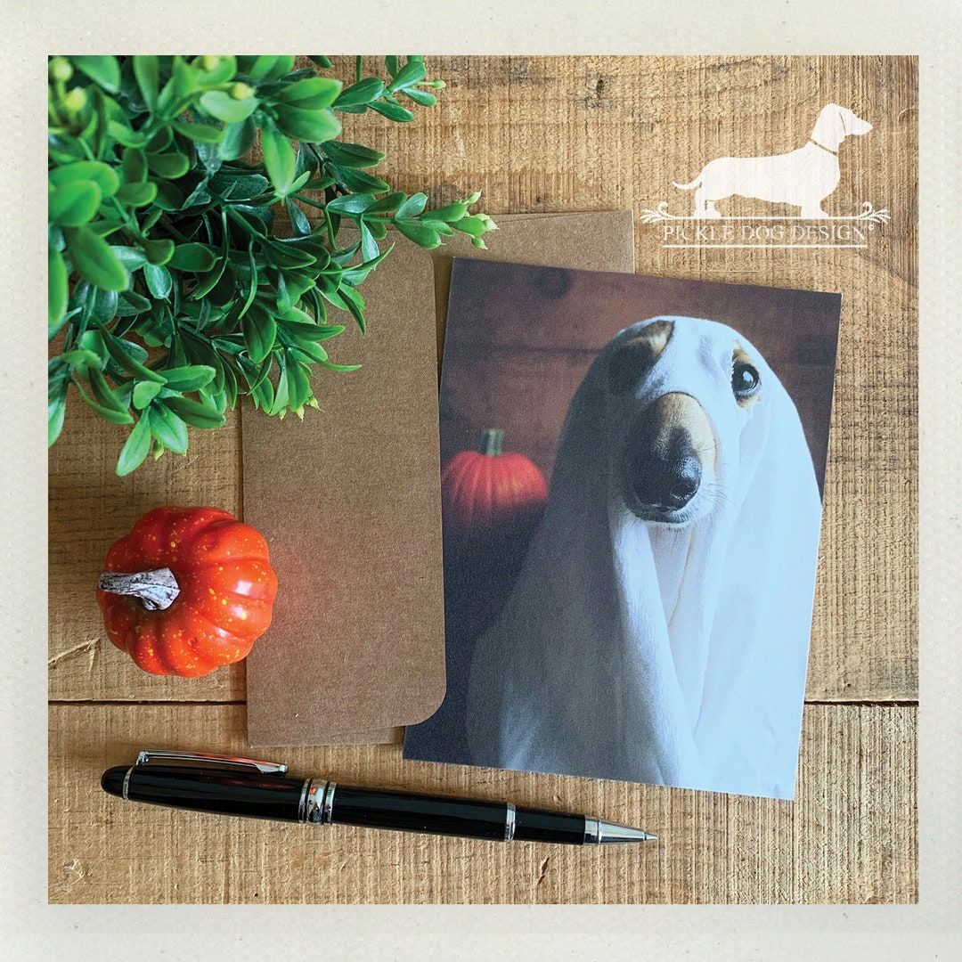 Halloweenie Doxie. Flat Card ghost Dog, Happy Halloween Card, Pumpkin ...