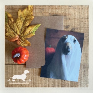 Halloweenie Doxie. Flat Card ghost Dog, Happy Halloween Card, Pumpkin ...