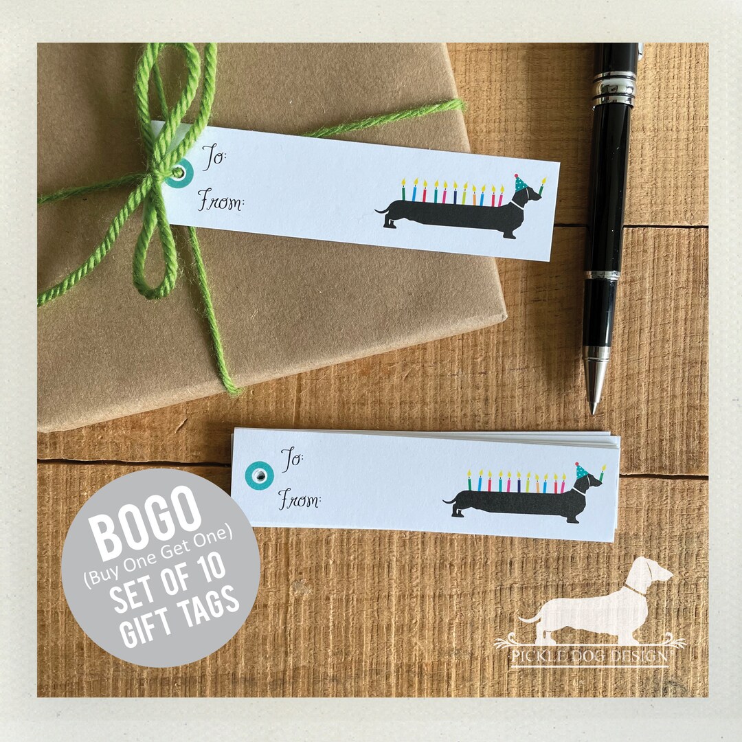 BOGO SALE Birthday Doxie. Long Gift Tags qty 10 cute Gift Wrap, Happy ...
