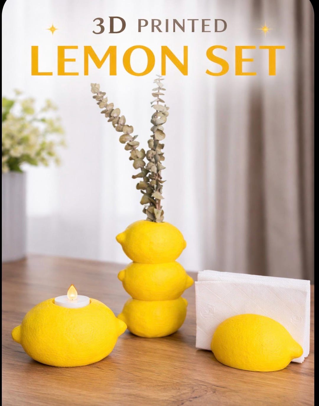 3D Printed Lemon Decor Set | Lemon Vase, Candle Holder & Napkin Holder ...