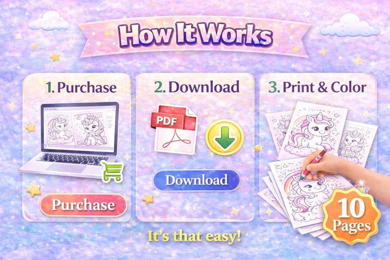 Unicorn Coloring Pages for Kids, Cute Printable PDF, Instant Download ...